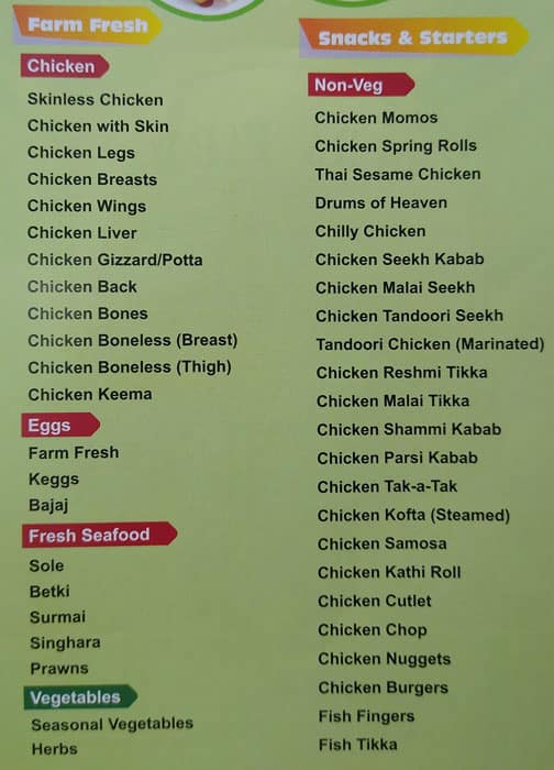 Menu of Dera Farms, Defence Colony, New Delhi