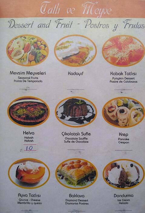 Menu at kavak Baba, Istanbul