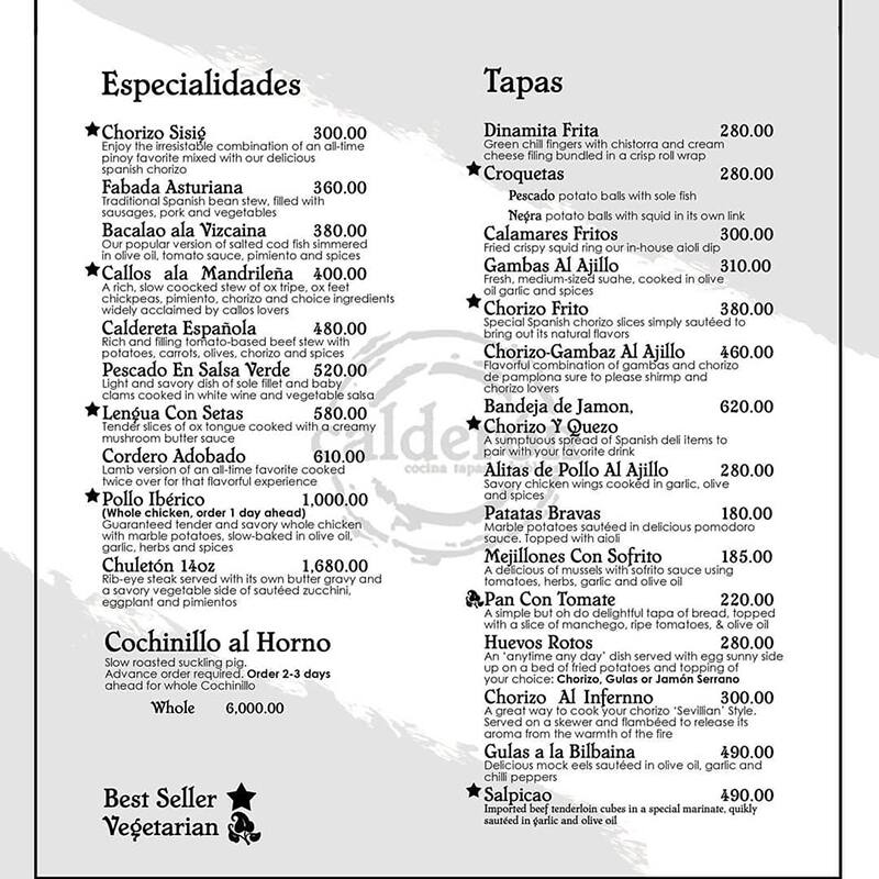Menu at Calderon restaurant, Makati, Classica Condominium