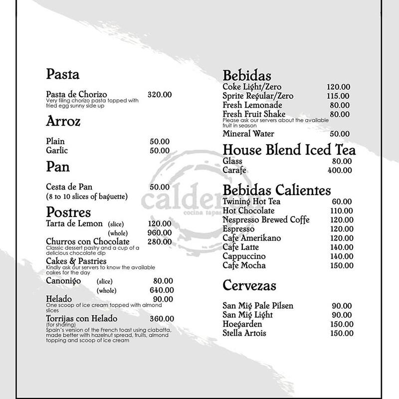 Menu at Calderon restaurant, Makati, Classica Condominium