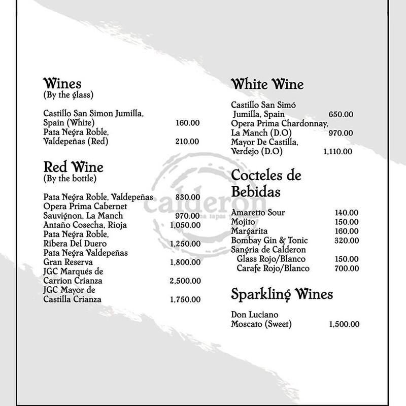 Menu at Calderon restaurant, Makati, Classica Condominium