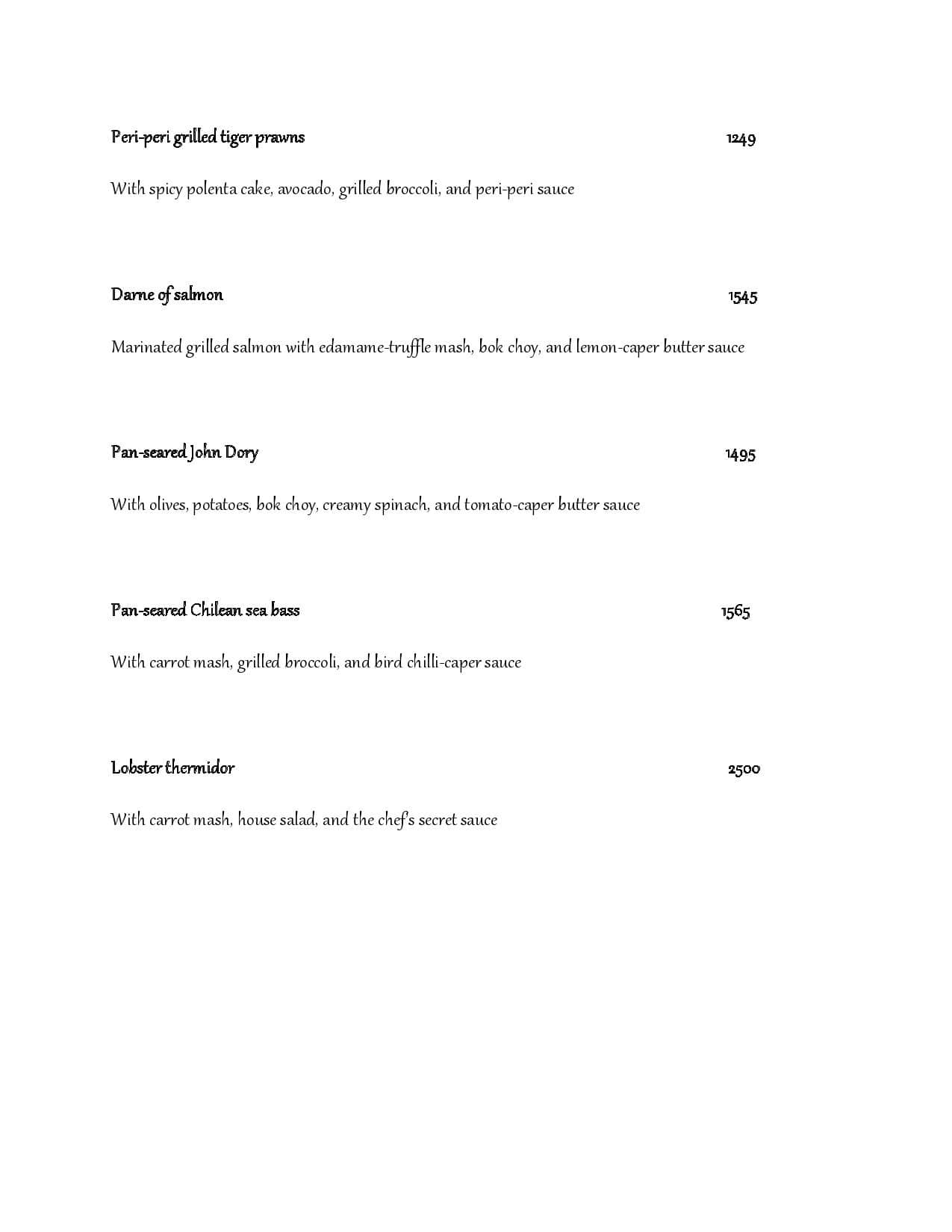 Menu at Marabella, Morjim