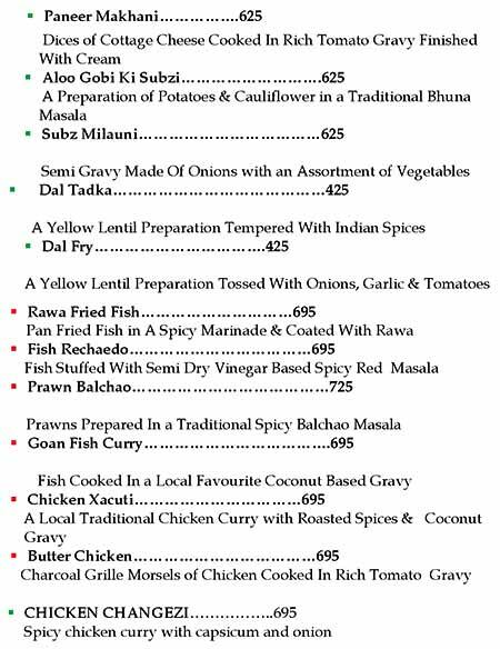 Menu at Marabella, Morjim