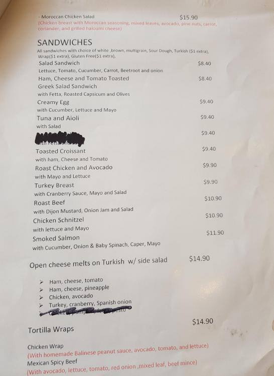Menu at No Ordinary Cafe, Willoughby