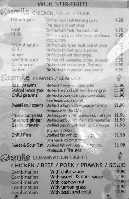 Menu at Smile Thai restaurant, Seaview Downs