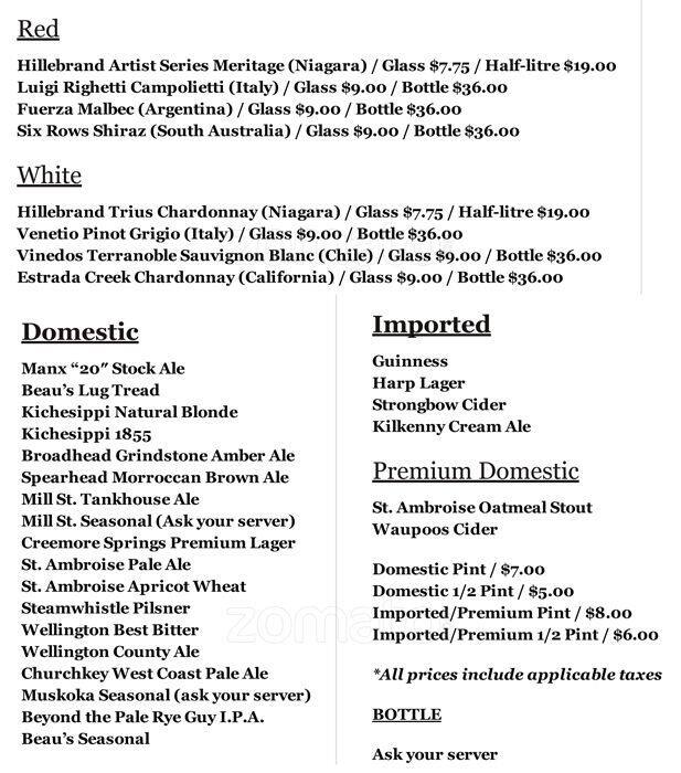 Menu at The Manx Pub, Ottawa