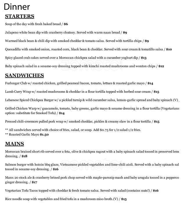 Menu at The Manx Pub, Ottawa