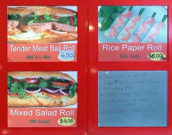 Menu at Saigon Bakery, Melbourne