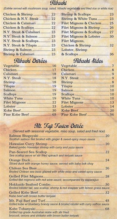 Menu at Mt. Fuji Hibachi Steak House steakhouse, Highland Village