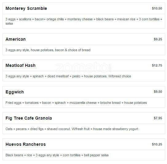 Menu at Fig Tree Cafe Pacific Beach, San Diego, Cass St