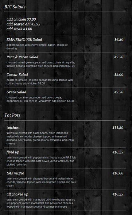 Menu at Empirehouse Urban Palate restaurant, San Diego