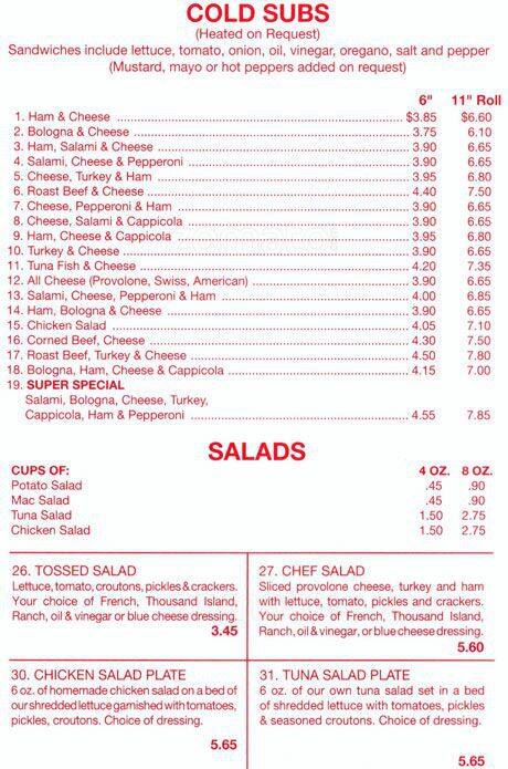 Menu at Sub Shop, Matthews, 11500 E Independence Blvd D