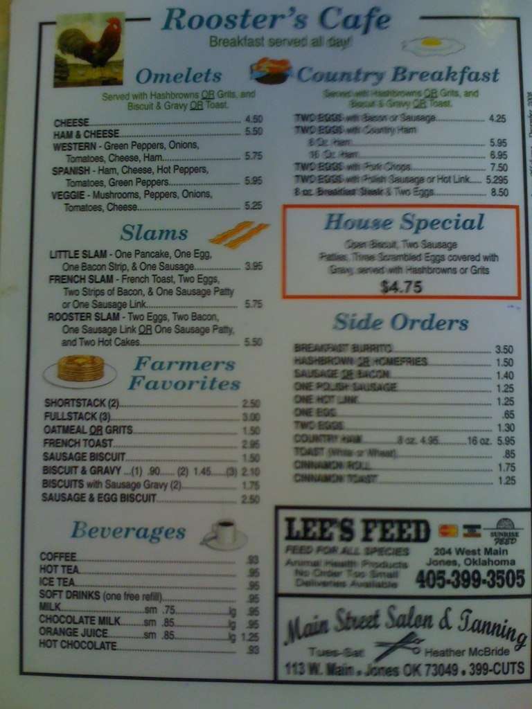 Menu at Rooster's Cafe, Jones