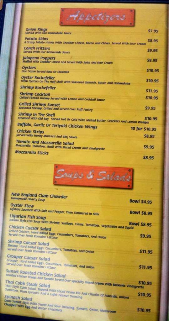 Menu at Sunset Cafe, Cocoa Beach