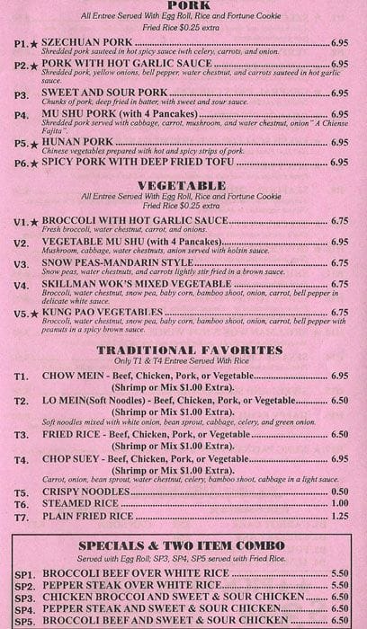 Menu at Skillman Wok restaurant, Fort Worth, Camp Bowie West Blvd