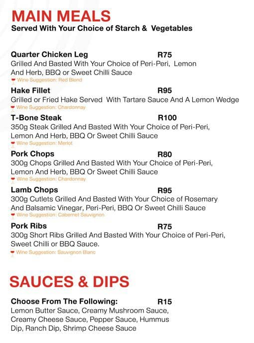 Menu at van Tuka Lounge, Pretoria, No.1214 Aubrey Matlakala St