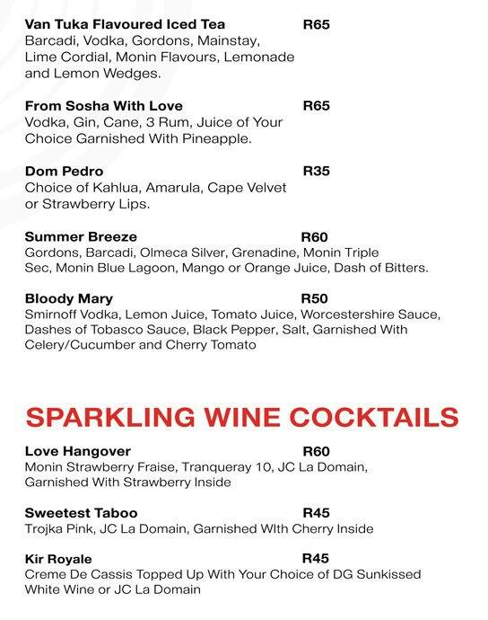 Menu at van Tuka Lounge, Pretoria, No.1214 Aubrey Matlakala St