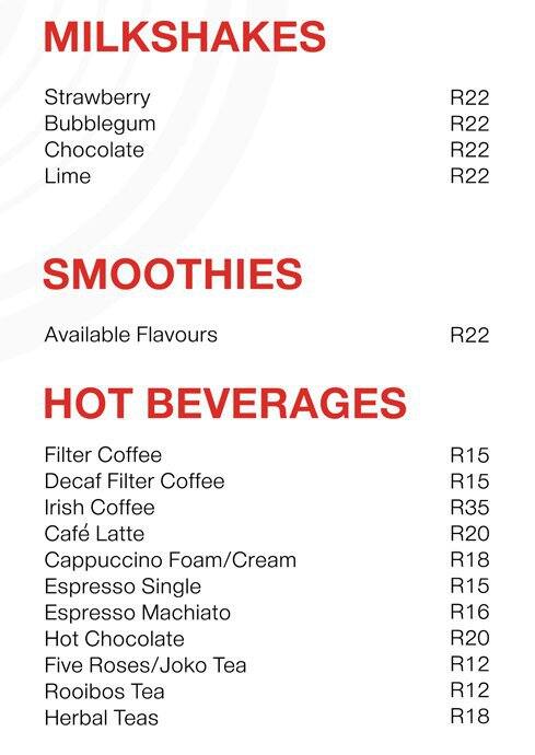 Menu at van Tuka Lounge, Pretoria, No.1214 Aubrey Matlakala St