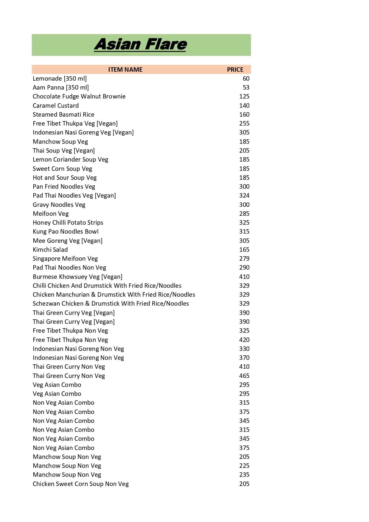 Menu of Asian Flare, Naktala, Kolkata