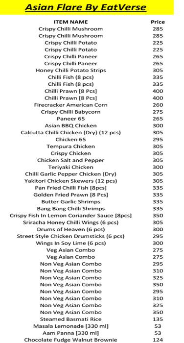 Menu of Asian Flare By EatVerse, Naktala, Kolkata