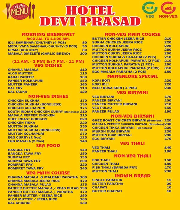 Menu of Hotel Devi Prasad, Chembur, Mumbai