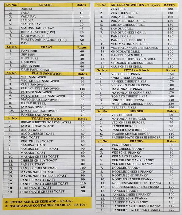 Menu of Mahakali Snacks Center, Bhandup, Mumbai