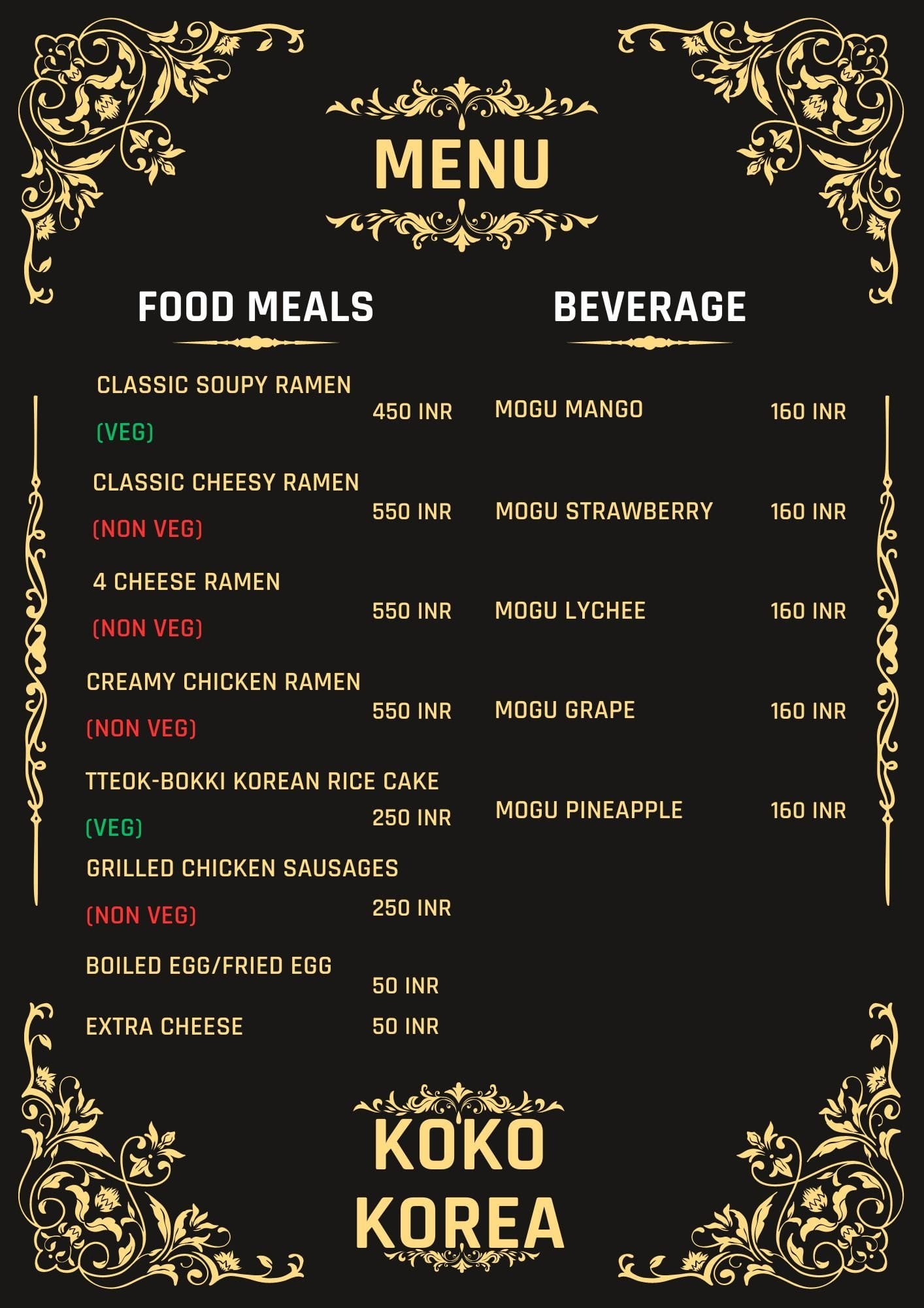 Menu of Koko Korea, Chandivali, Mumbai