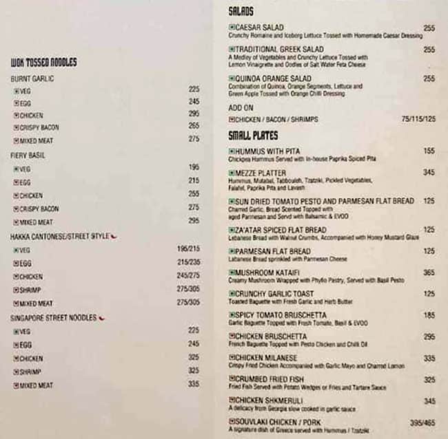 Menu of Sunga & Sparta, Dispur, Guwahati