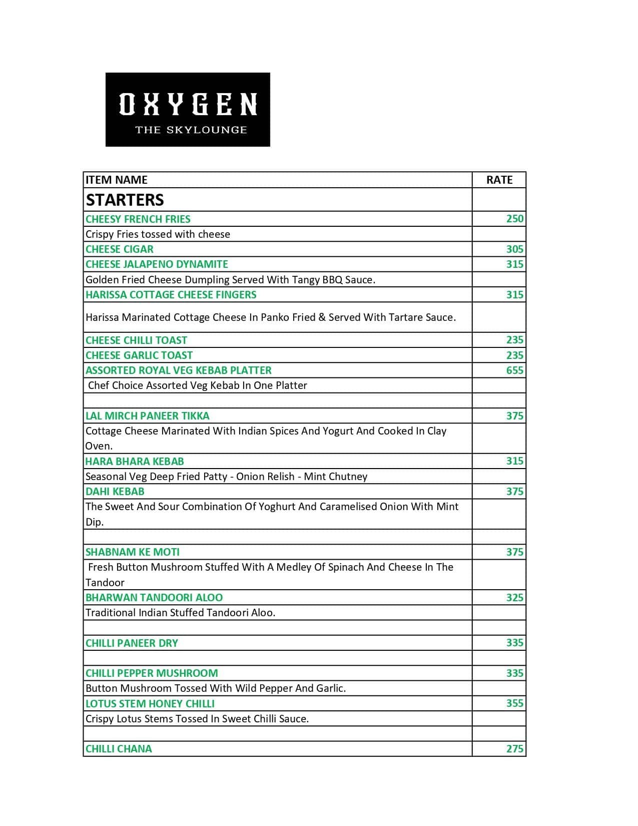 Menu of Oxygen - The Sky Lounge, Bistupur, Jamshedpur