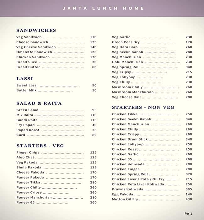 Menu of Janta Lunch Home, Kurla, Mumbai