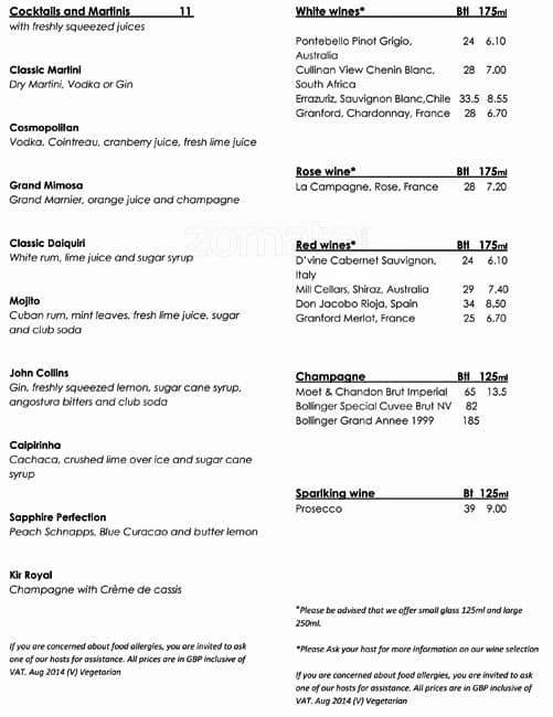 Menu at Formation Bar, Twickenham