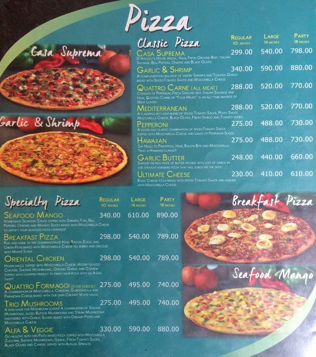 Menu at D'Angelo pizzeria, Pasay, SM Mall Of Asia Main Mall