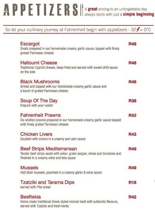 Fahrenheit Menu, Menu for Fahrenheit, Edenvale, East Rand - Zomato SA