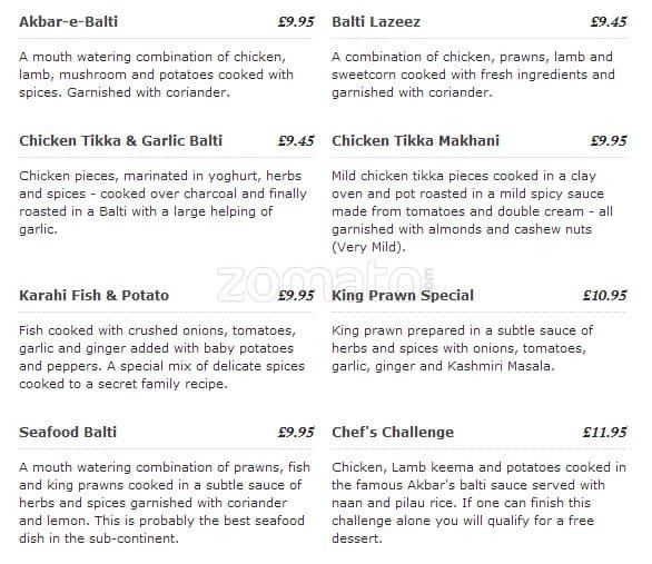 Menu at Akbar's, Manchester