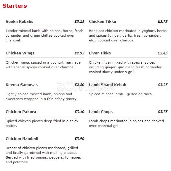 Menu at Akbar's, Manchester