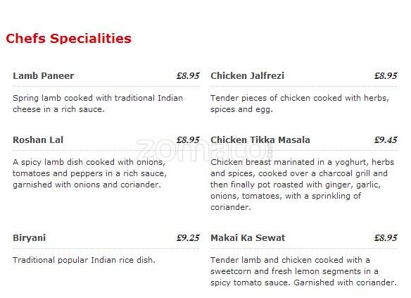 Menu at Akbar's, Manchester