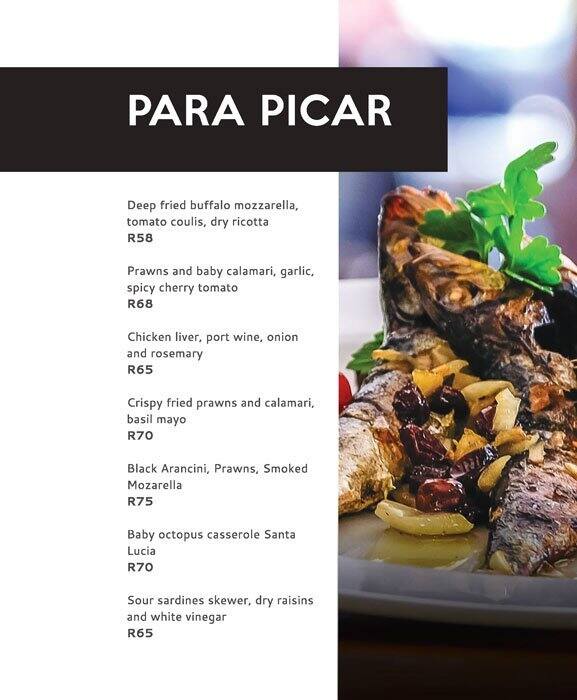 Menu at Fumo restaurant, Pretoria