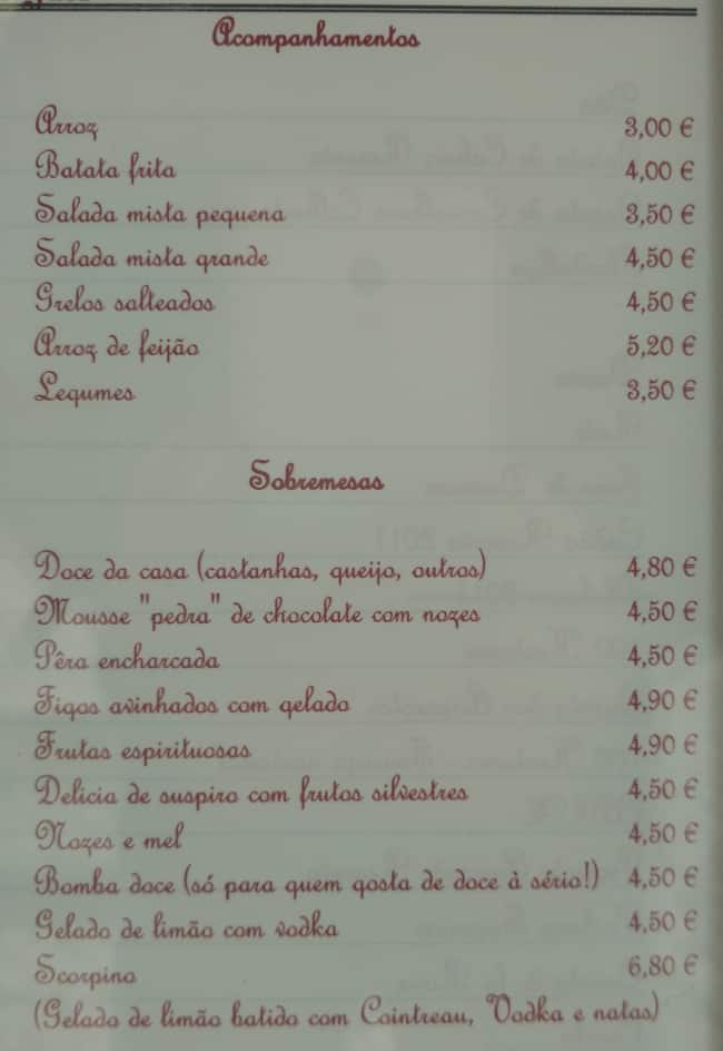 Menu at Jacó restaurant, Linda-a-Velha