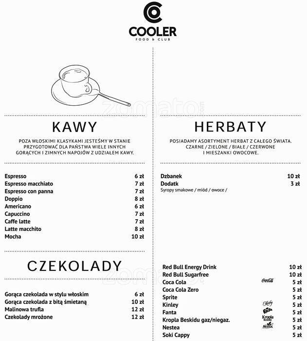 Menu at Cooler Club, Katowice