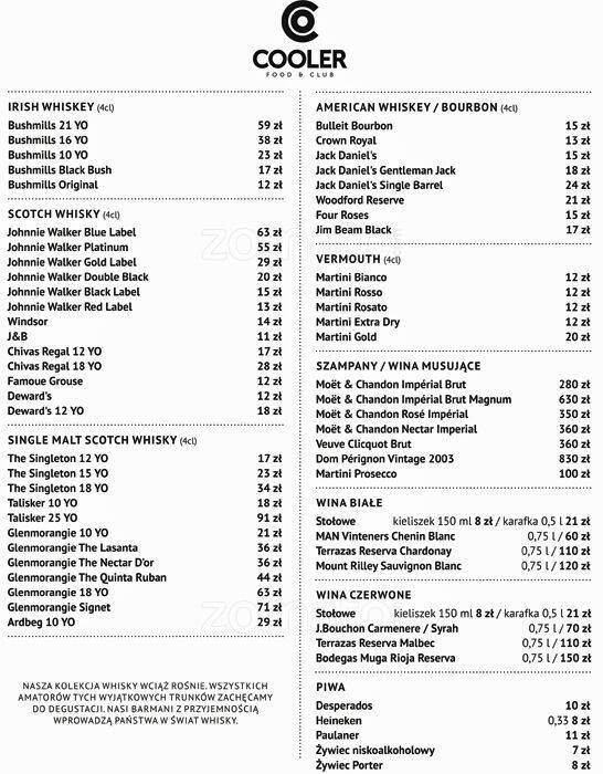 Menu at Cooler Club, Katowice