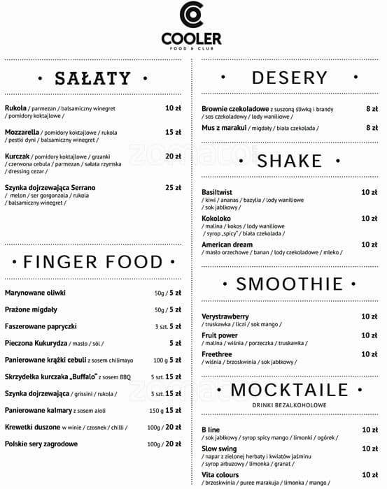 Menu at Cooler Club, Katowice