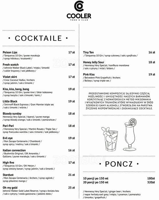 Menu at Cooler Club, Katowice