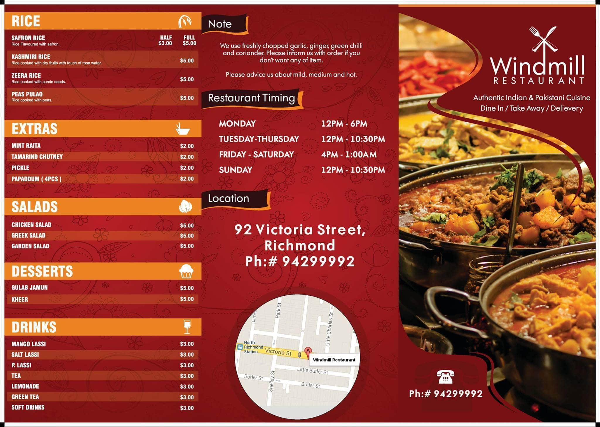 Menu at Windmill Restaurant, Melbourne