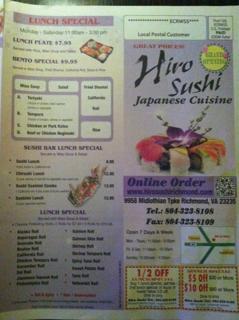 Menu at Hiro Sushi restaurant, Richmond