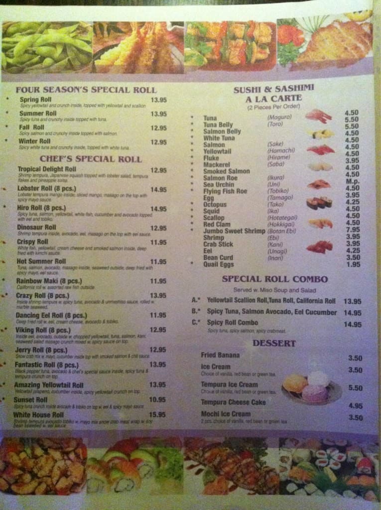 Menu at Hiro Sushi restaurant, Richmond