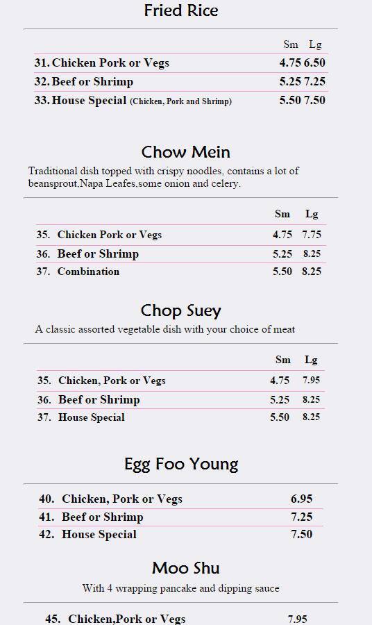 Menu at Asian King restaurant, Beavercreek