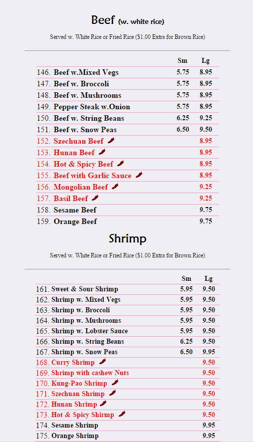 Menu at Asian King restaurant, Beavercreek
