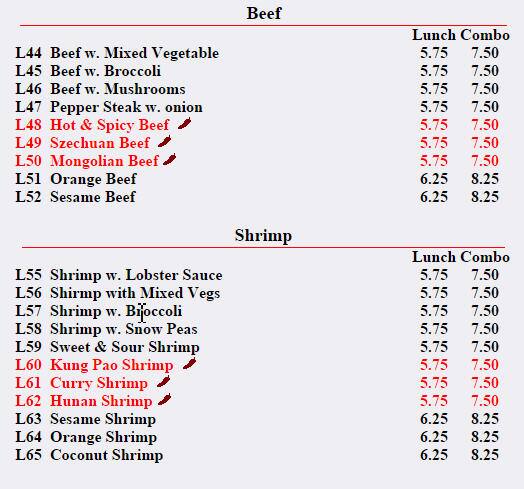 Menu at Asian King restaurant, Beavercreek
