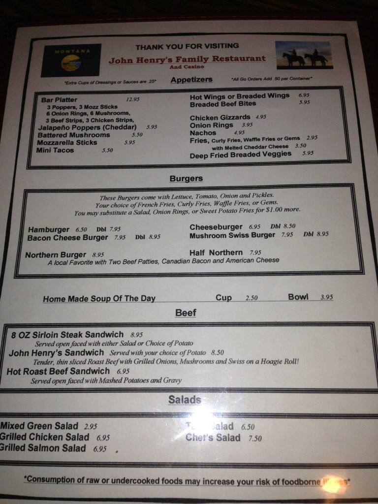 Menu at John Henry's Restaurant, Choteau