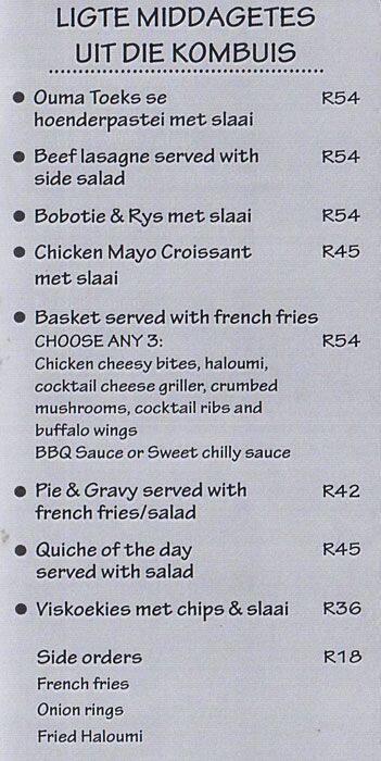 Menu at Crazy Daisy cafe, Bloemfontein